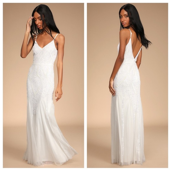 Lulus | Dresses | Lulus Just The Beginning White Beaded Sequin Mermaid ...